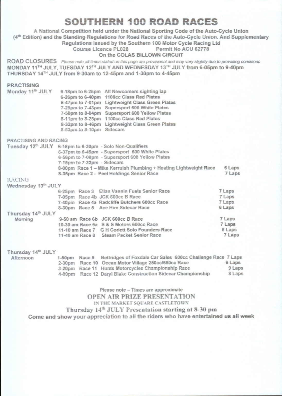 Isle of Man Steam Packet Company Southern 100 Schedule 2022 - Southern ...